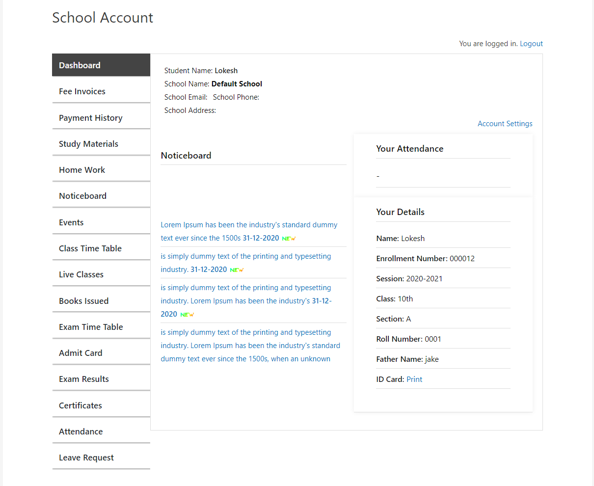 Student Dashboard – EMS